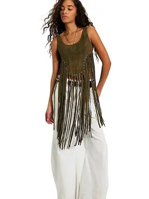 UNDERSTATED LEATHER Motive Suede Bustier With Fringe Army Green
