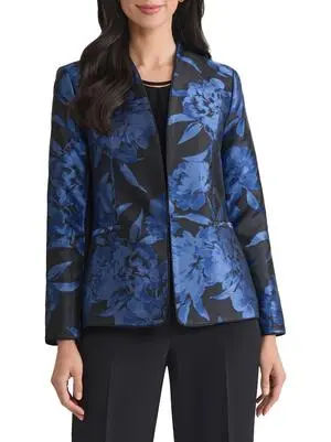 KASPER Floral Print Open-front Jacket - Blue Night Multi