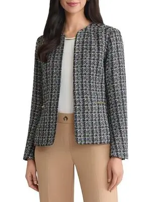 KASPER Tweed Collarless Blazer - Blue Night Multi