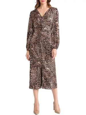 Jones New York Leopard Print Long Sleeve Midi Dress - Jones Black Multi