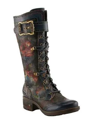 SPRING STEP SHOES Embossed Floral Knee High Boots With Buckle - Navy Multi