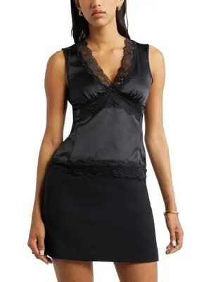 OPEN EDIT Lace Trim Satin Tank Black