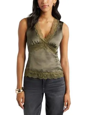 OPEN EDIT Lace Trim Satin Tank - Olive Sarma