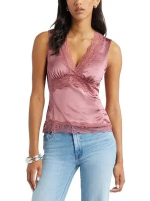 OPEN EDIT Lace Trim Satin Tank Pink Deco