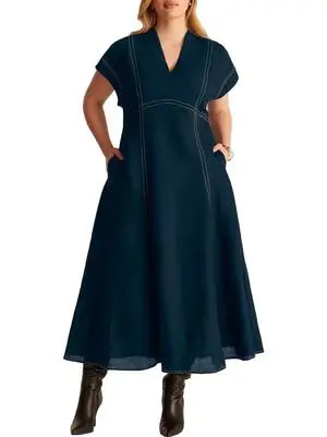 ESTELLE Arden Linen Blend Empire Waist Dress - Blue