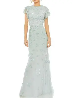 Mac Duggal Floral Embellished High Neck Gown - Periwinkle