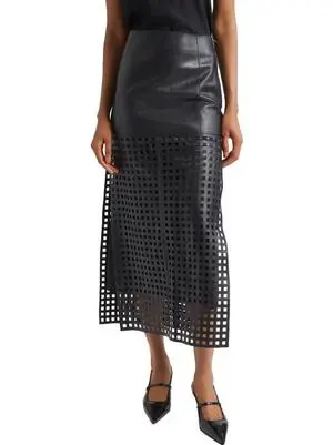 Emporio Armani Laser Cut Nappa Leather Midi Skirt - Solid Black