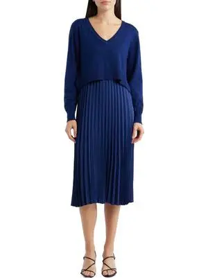 Sam Edelman Pleated Slipdress And Sweater Set - Navy