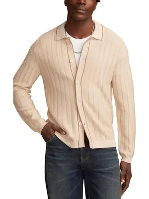 Lucky Brand Pointelle Stripe Cotton Blend Cardigan - Oat Milk