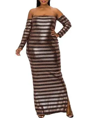 L I V D Sequin Embellished Off The Shoulder Maxi Dress - Matte Gold