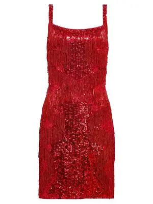 Jenny Packham Tina Sequin Fringe Mini Dress - Red