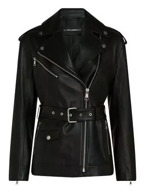 Karl Lagerfeld Belted Leather Biker Jacket - Black