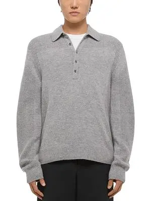 Helmut Lang Relaxed Fit Block Knit Wool Polo Sweater - Gray Melange