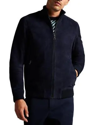 Ted Baker London Suede Funnel Neck Bomber Jacket - Navy