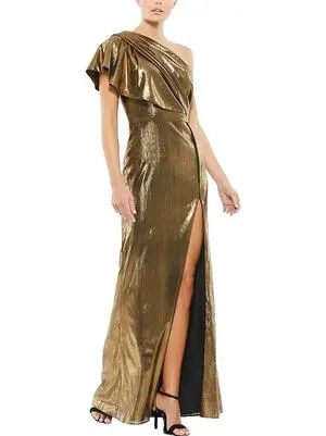 Mac Duggal Ruffled One Shoulder Metallic Gown - Bronze