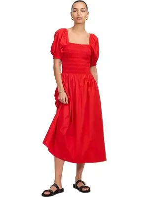 Madewell Smocked Puff Sleeve Midi Dress - Cerise