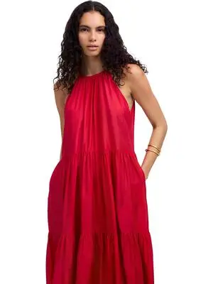 Madewell Habotai Silk Tiered Halter Dress - Watermelon