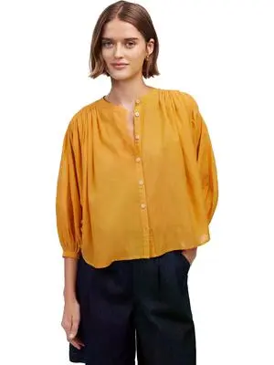 Madewell Shirred Crewneck Button-Up Top Pollen