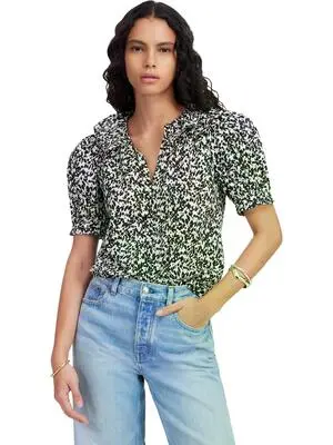 Madewell Floral Ruffled Button-front Top - Abstract Leaf Black Ivory
