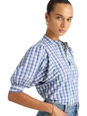 Madewell Puff-sleeve Band-collar Shirt - Blue White Plaid