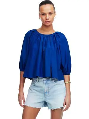 Madewell Shirred Puff-sleeve Top In Cotton-silk Voile - Bright Sapphire