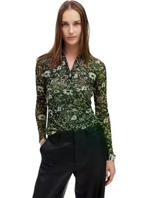 Madewell Floral Mesh Long-sleeve Polo Top - Mossy Umber