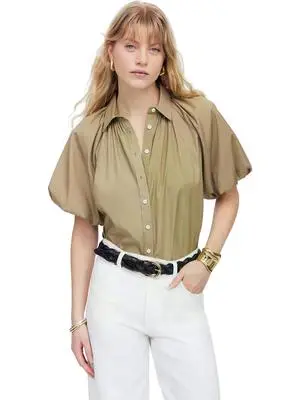 Madewell Poplin Shirred Bubble-sleeve Button-up Shirt - Expedition Khaki