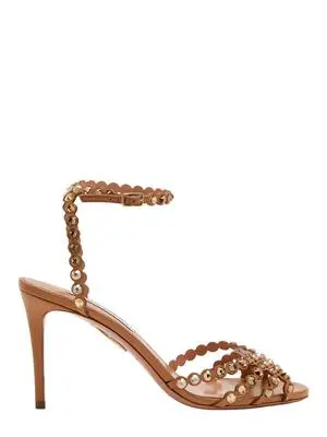 AQUAZZURA Tequila 85 Embellished Leather Sandals - Caramel