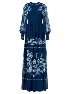 Erdem Floral Ruched Silk Gown - Blue