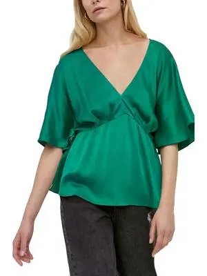 NOTES DU NORD V-neck Gathered Blouse - Green