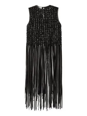 Lafayette 148 New York Leather Macrame Fringed Sleeveless Blouse - Black