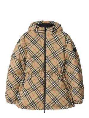 Burberry Check Nylon Hooded Puffer Jacket - Sand Beige