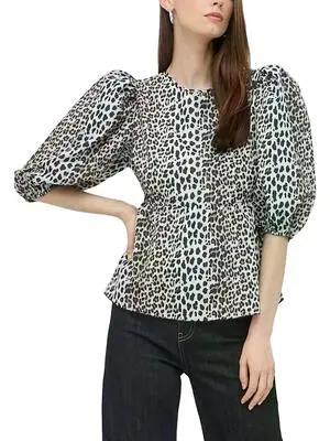 NOTES DU NORD Leopard-print Top With Puff Sleeves - White