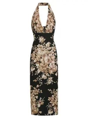Dolce & Gabbana Floral-print Halterneck Midi Dress - Black