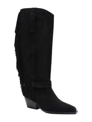 Free People Faith Fringe Western Boots - Faded Black Suede