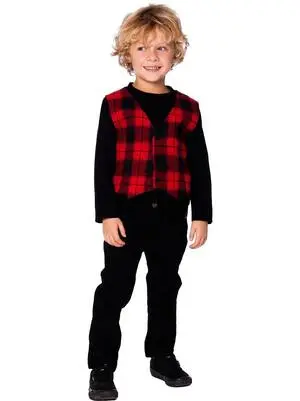 DEUX PAR DEUX T-shirt With Plaid Vest - Red And Black Plaid