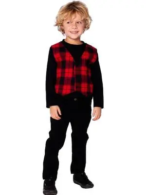 DEUX PAR DEUX T-shirt With Plaid Vest - Red And Black Plaid