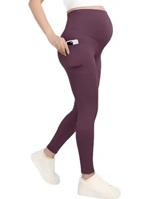 Motherhood Maternity Over The Belly Side Pocket Active Maternity Leggings - Mauve Wine