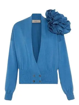 THEO THE LABEL Nomia Ribbed Waist Rosette Cardigan - Retro Blue