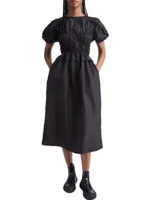 Cecilie Bahnsen Betsy Ruched Puff Sleeve Drawcord Waist Recycled Faille Dress - Black