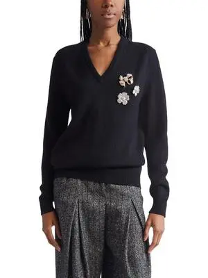 Dolce & Gabbana Floral Brooch Virgin Wool V-neck Sweater - N0000 Nero