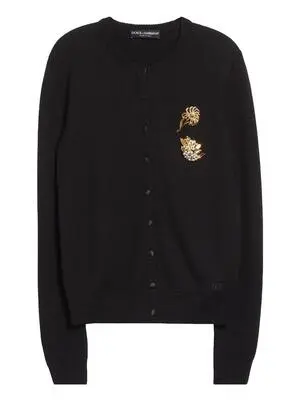 Dolce & Gabbana Floral Brooch Virgin Wool Cardigan - N0000 Nero