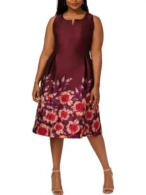 Adrianna Papell Pleated Jacquard Cocktail Dress - Plum Multi