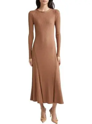 Eleventy Long Sleeve Wool & Silk Ribbed Sweater Dress - 157 Cognac