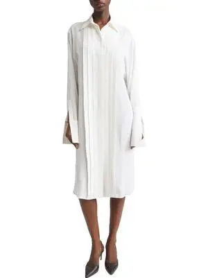 Michael Kors Pleated Front Long Sleeve Silk Shirtdress - Optic White