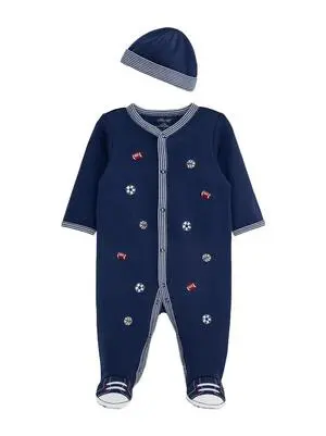 LITTLE ME Sports Cotton Footie And Hat Set - Blue