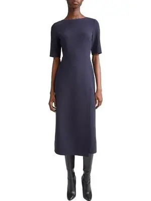 Lafayette 148 New York Faux Wrap Stretch Wool Midi Dress - Ink