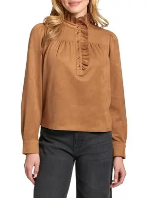 APNY Ruffle Snap-front Faux Suede Top - Caramel
