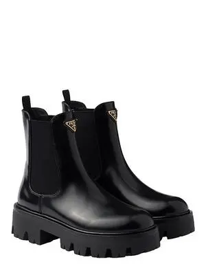 Prada Brushed Leather Booties - Black