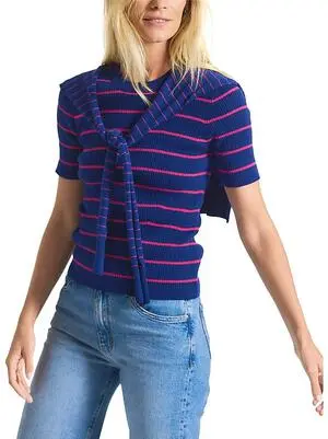 Derek Lam 10 Crosby Twain Cotton Cashmere Short Sleeve Sweater - Navy/raspberry